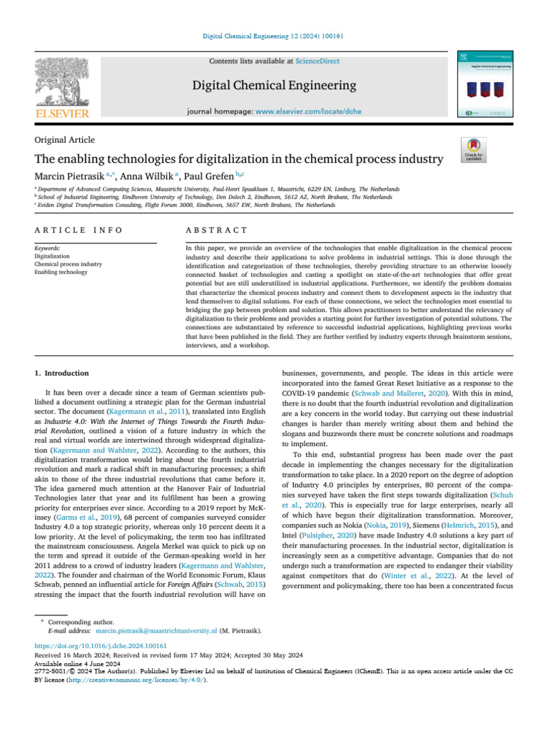 The enabling technologies for digitalization in the chemical process ...
