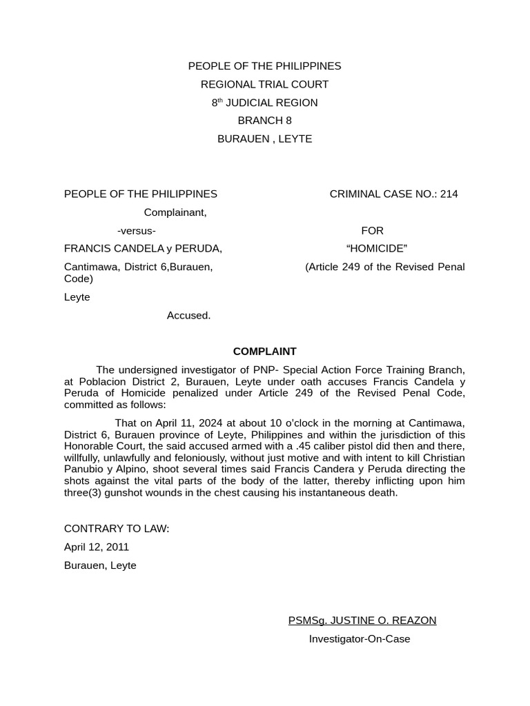 COMPLAINT FOR HOMICIDE | PDF | Legal Procedure | Criminal Law