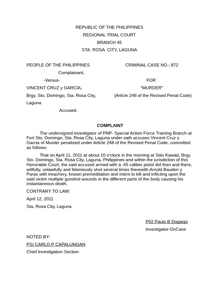 COMPLAINT FOR MURDER | PDF | Murder | Criminal Law