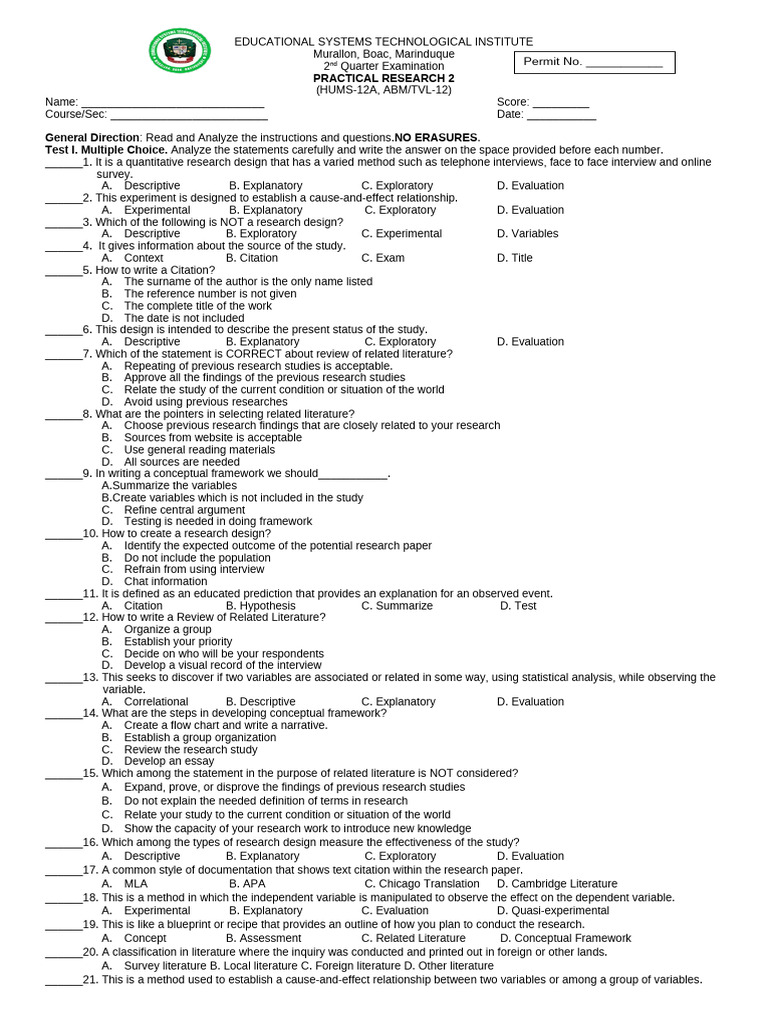 Practical Research 2 Exam Guide | PDF | Survey Methodology | Methodology