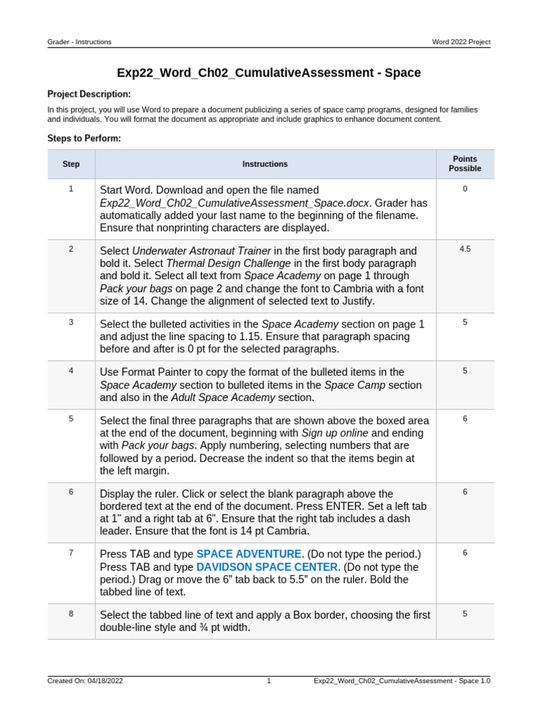 Exp22 Word Ch02 CumulativeAssessment - Space Instructions | PDF | Paragraph | Text