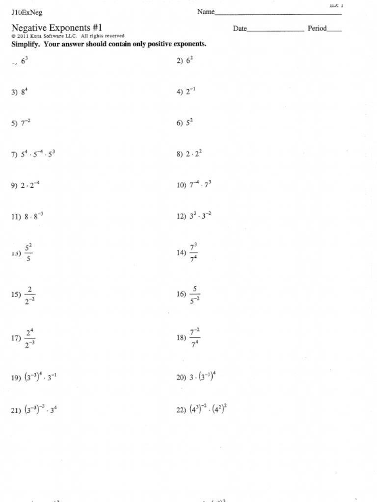 Negative Exponent - Worksheet | PDF