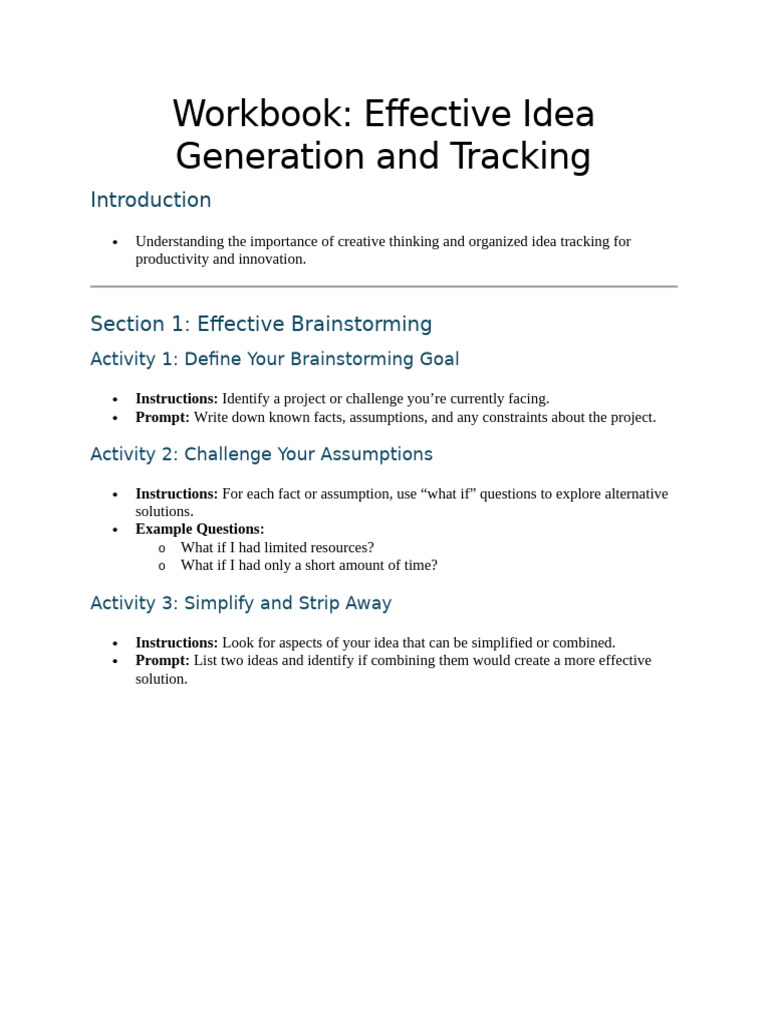 Work Book Effective Idea Generation Tracking | PDF | Brainstorming ...