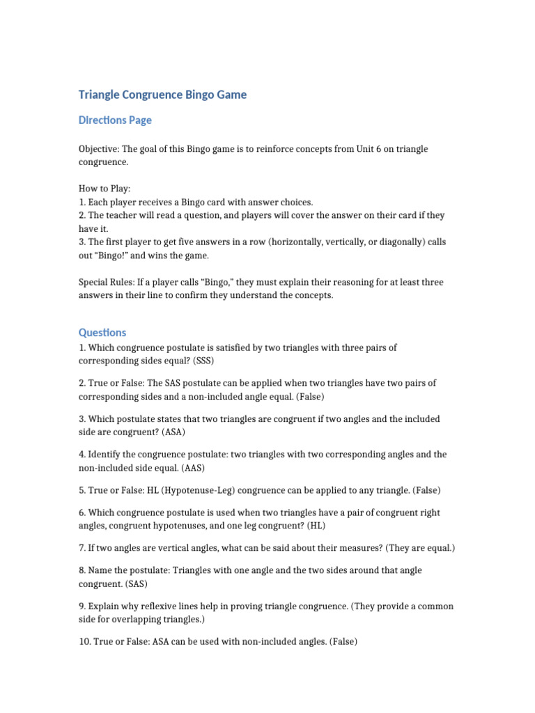 Triangle Congruence Bingo Game Guide | PDF | Elementary Geometry ...
