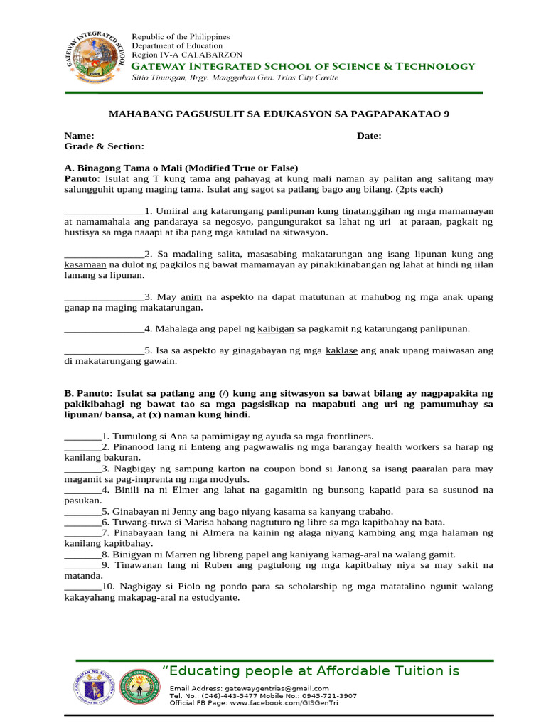 Mahabang Pagsusulit Sa ESP 9 | PDF