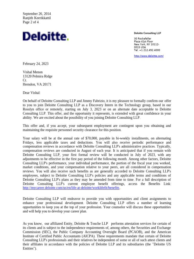 Ranjith Keerikkattil Deloitte Offer Letter | PDF | Employment | Business