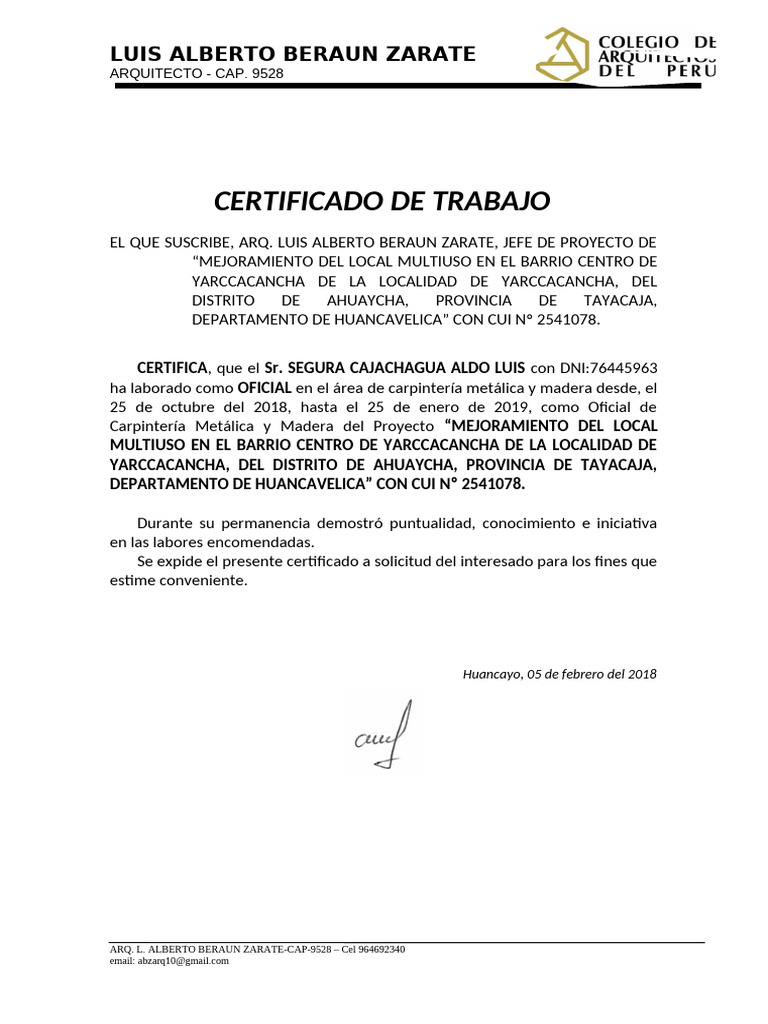 Certificado Trabajo Carpintería Yarccacancha | PDF