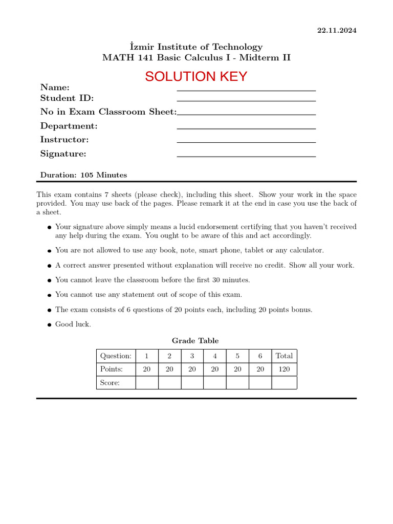 Math141 Midterm2 Solution Key | PDF | Derivative | Analysis