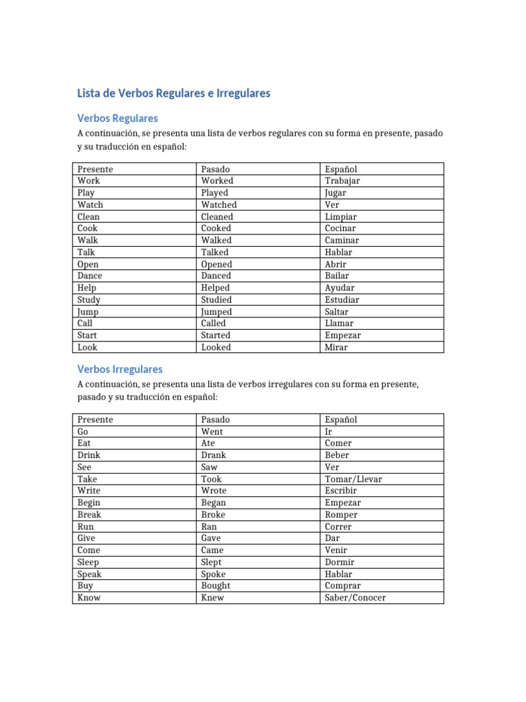 Verbos Regulares e Irregulares en Español | PDF