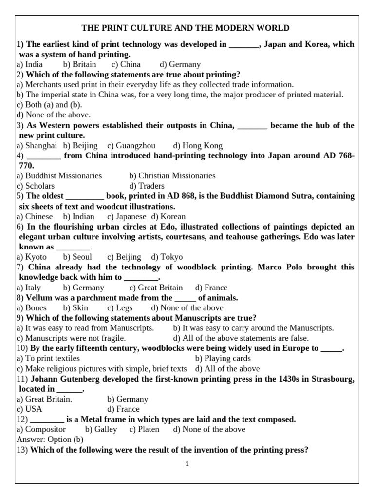 HIS-Print culture-MCQs-QUES | PDF | Printing