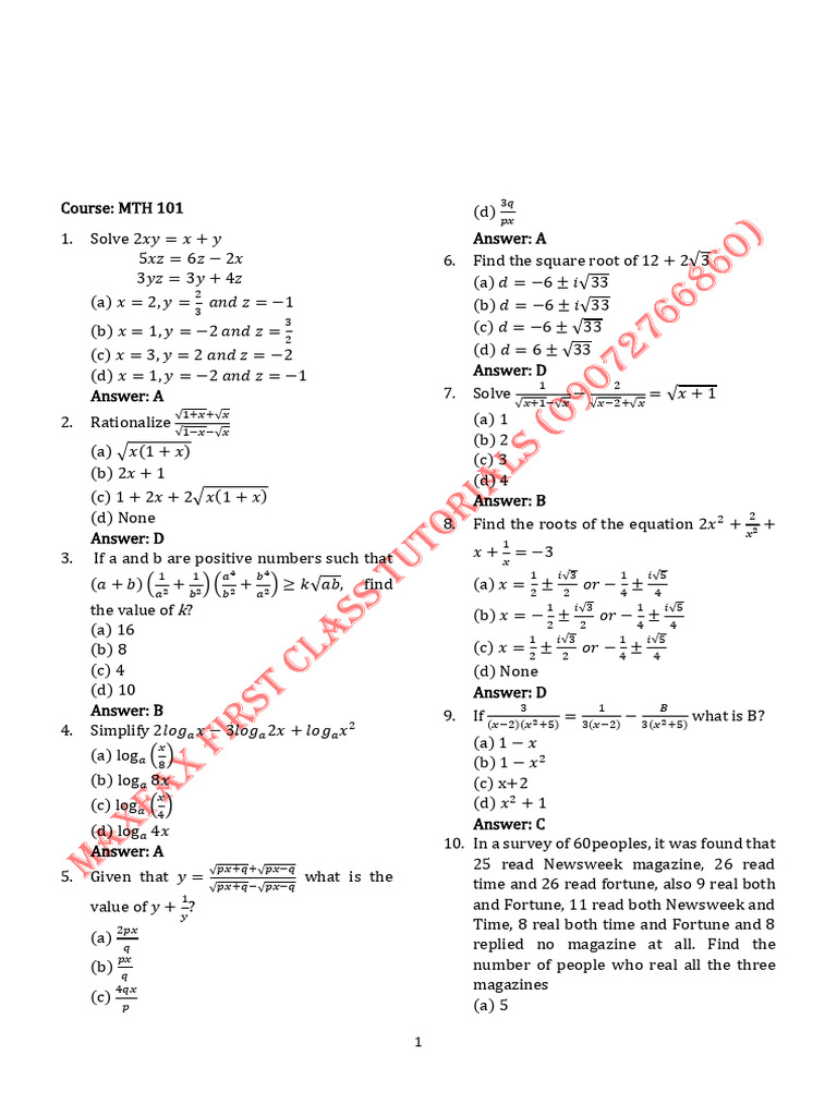 Maxfax MTH 101 Periodic Test-1 | PDF | Zero Of A Function | Quadratic ...