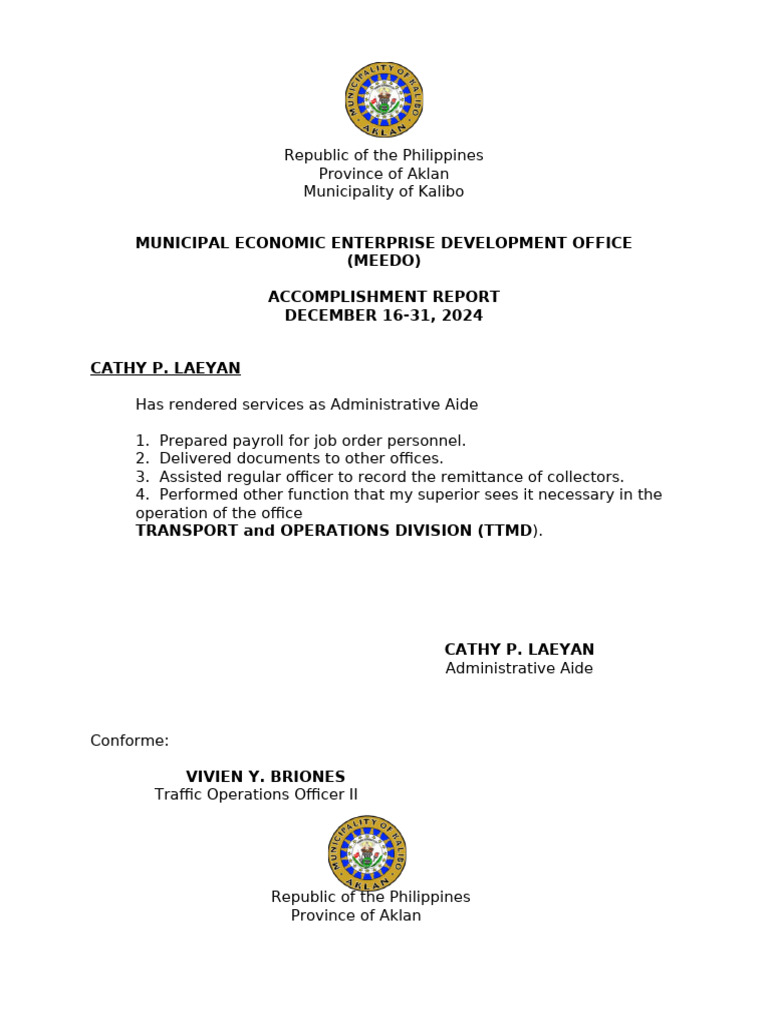 ACCOMPLISHMENT REPORT | PDF | Transport