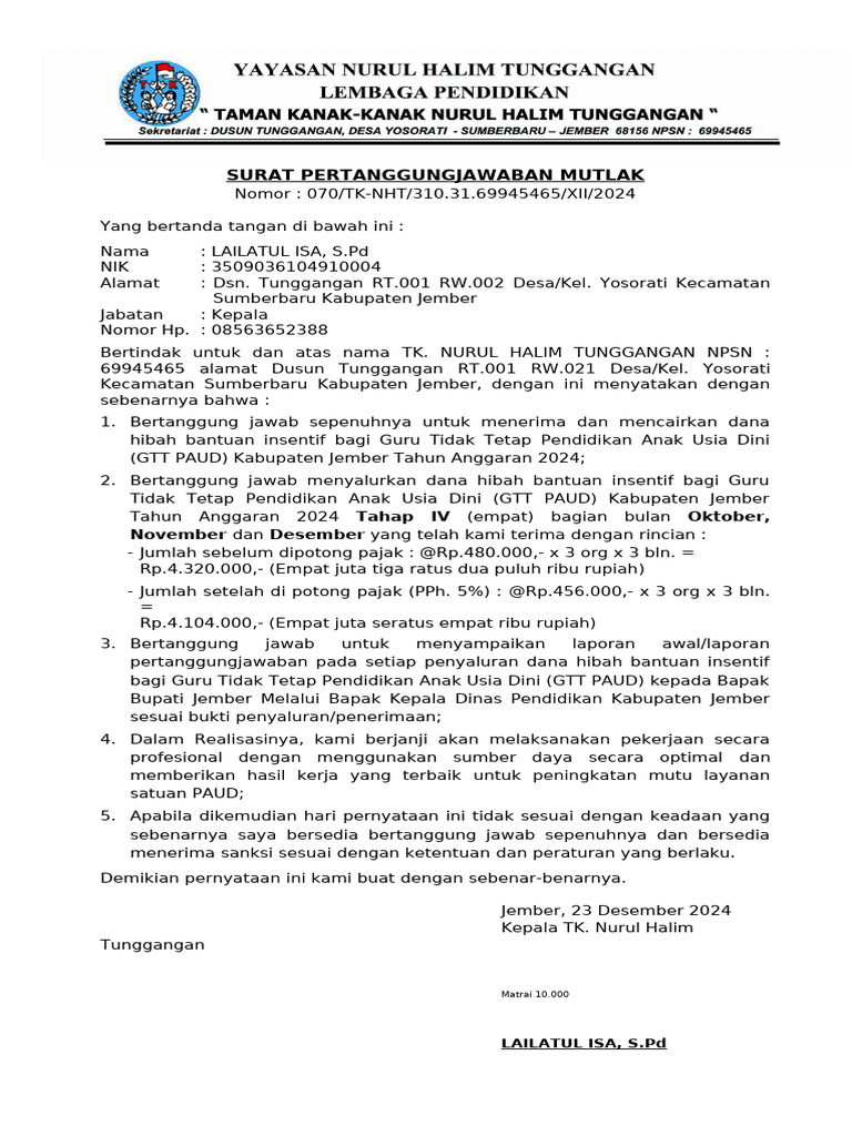 2 Contoh SPTJM Dan FC KTP Kepala-Bendahara THP III-2024 Nurul Halim | PDF