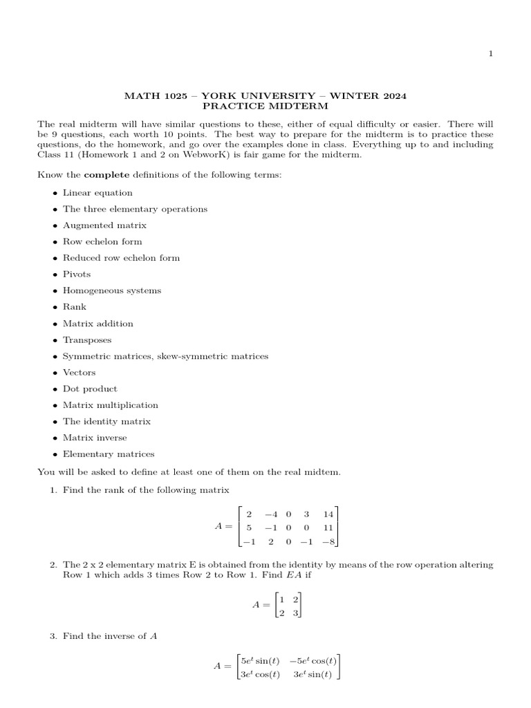 1025 - Practice Midterm Exam | PDF | Matrix (Mathematics) | Operator Theory