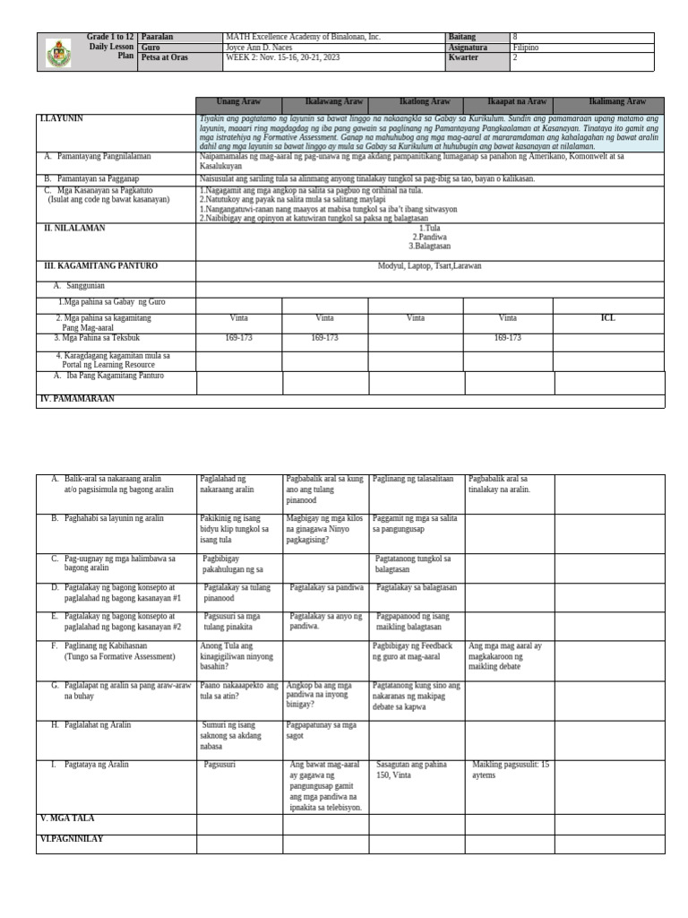 Q2 W2 DLL Filipino 8 | PDF