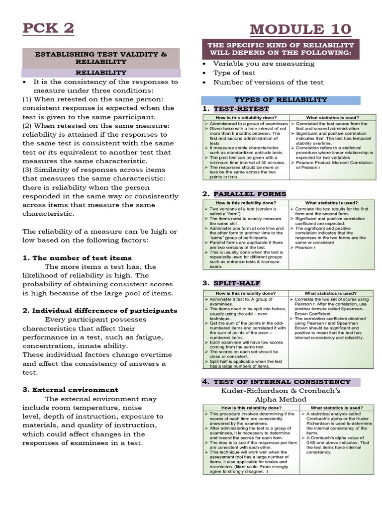 10 (Unit 3) Establishing Test Validity & Reliability | PDF ...