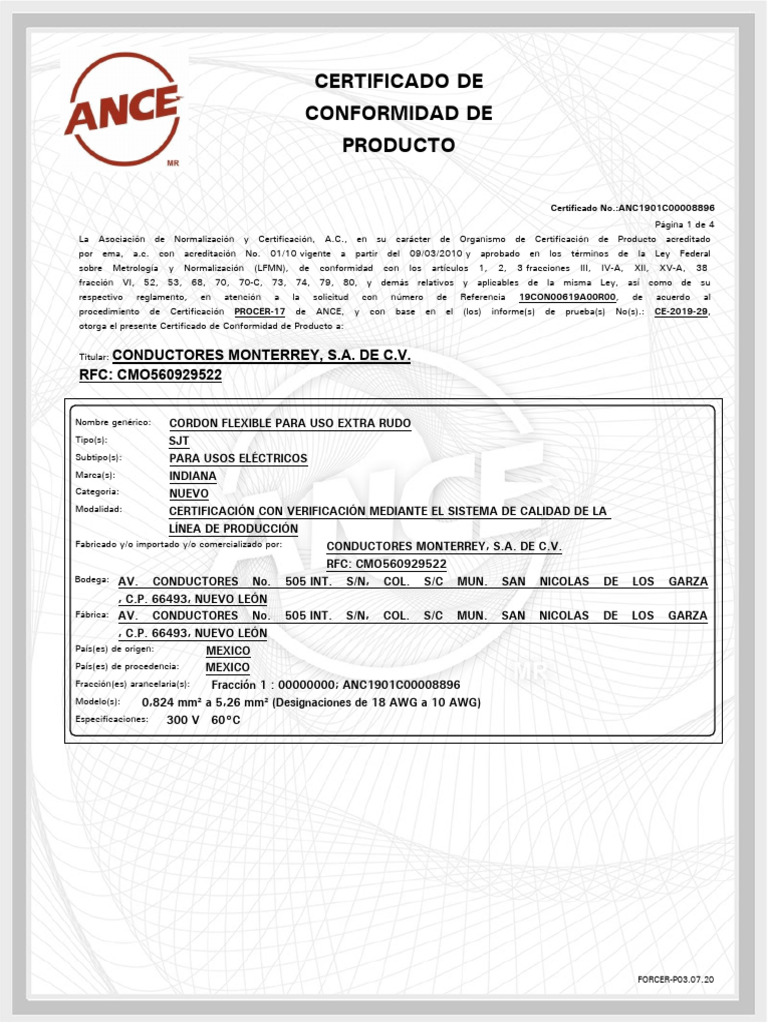 Certificado_ Indiana Cordon Flexible Uso Rudo Sjt Nov-2022 | PDF