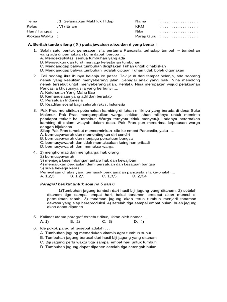 2.1. SOAL PTS TEMA 1 KLS 6 2022 | PDF