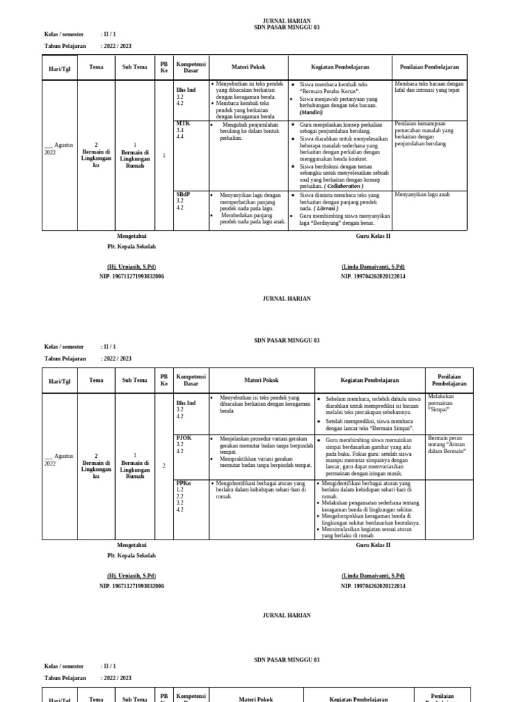 Jurnal Harian Kelas 2 Tema 2 | PDF