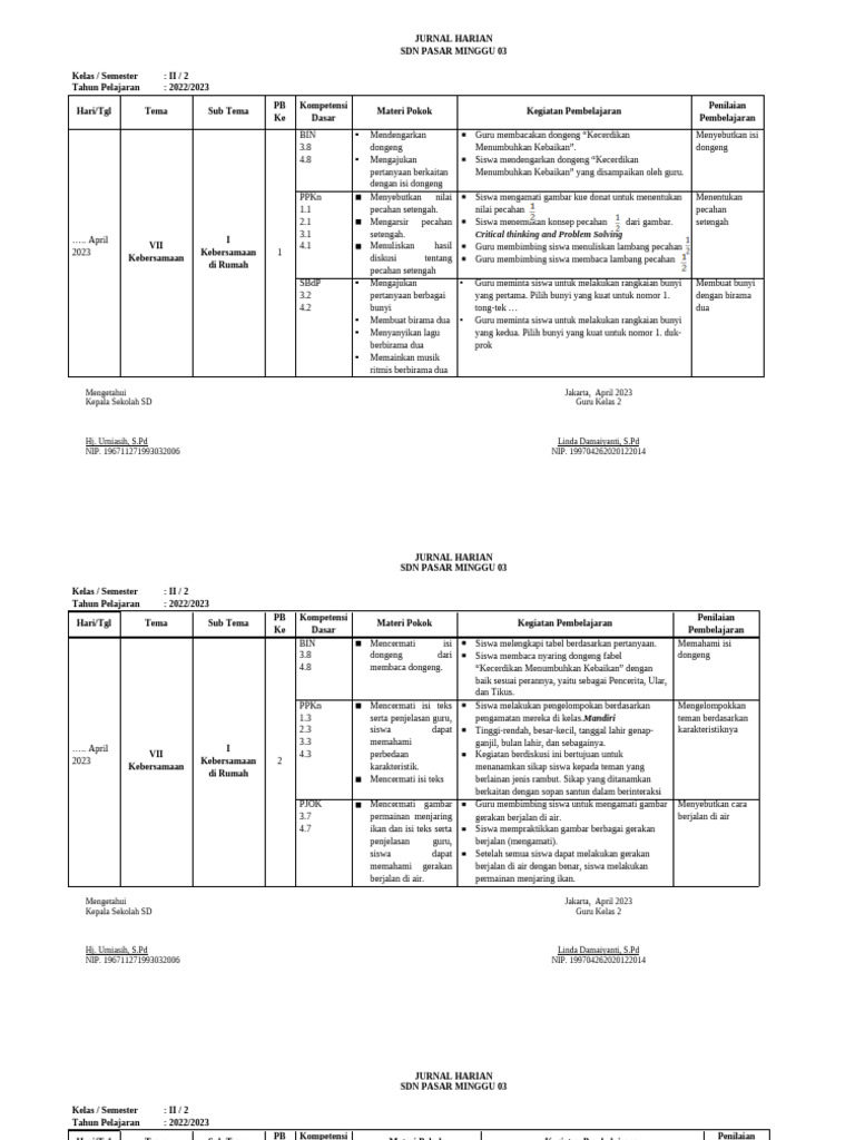 Jurnal Harian Kelas 2 Tema 7 | PDF