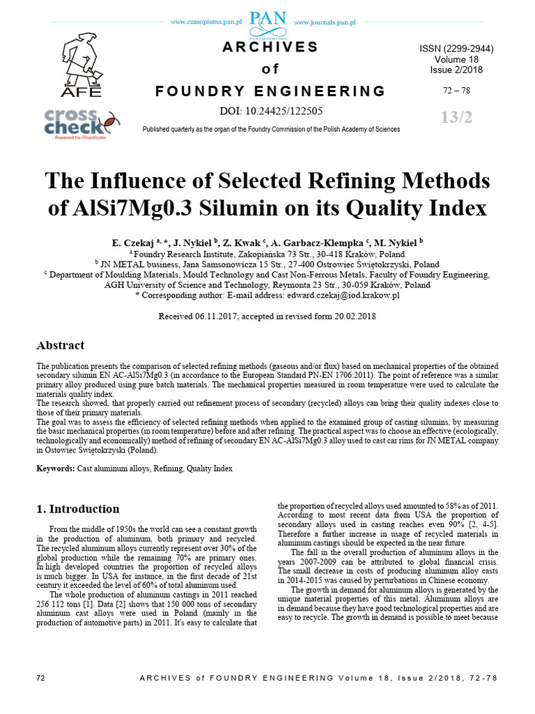 Refining AlSi7Mg0.3 Silumin Quality Index | PDF | Foundry | Ultimate ...