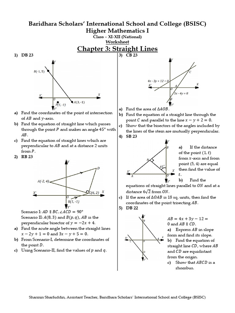Straight Line Worksheet for Class XI-XII | PDF | Line (Geometry ...