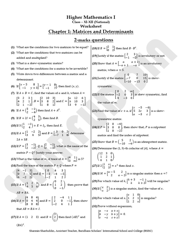 Worksheet - Matrices & Determinants | PDF | Algebra | Functions And ...