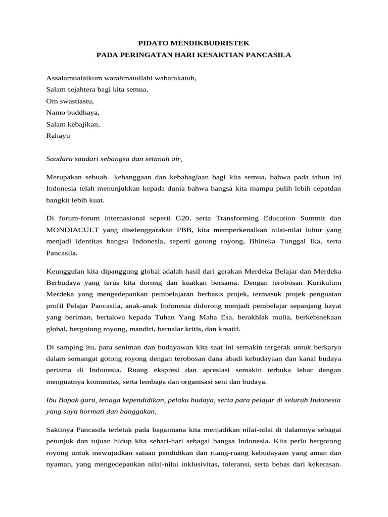 Pidato Mendikbudristek Hari Kesaktian Pancasila | PDF