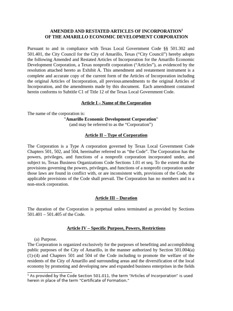 Amended and Restated Articles of Incorporation - Amarillo EDC | PDF ...