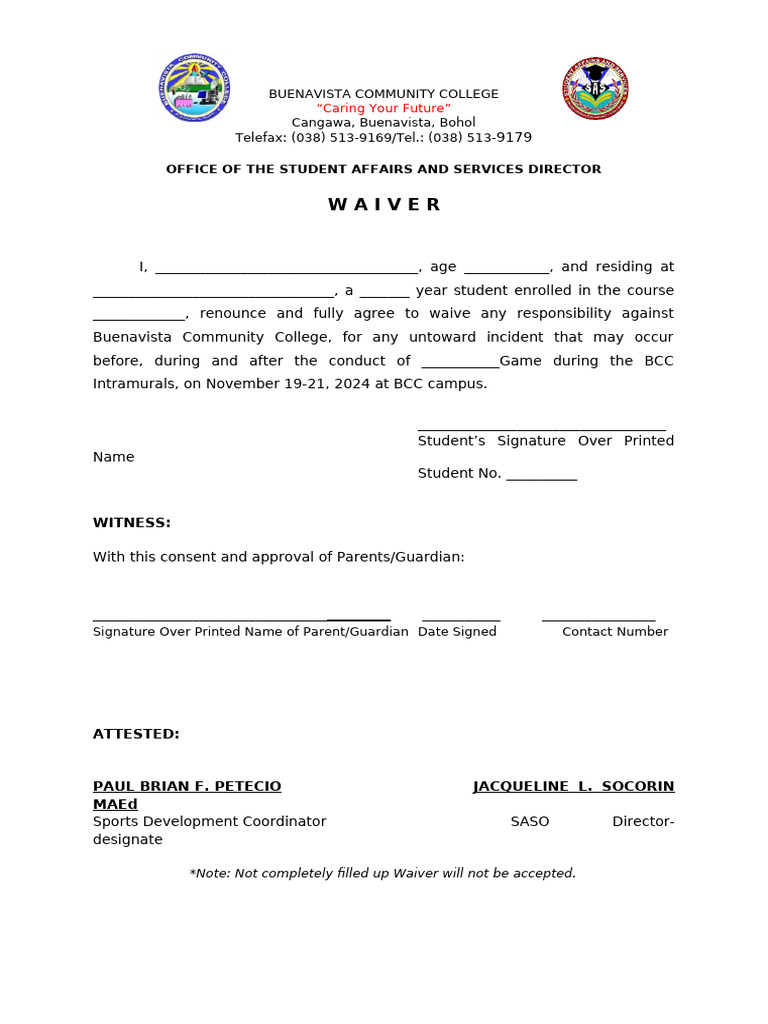 Waiver for Intrams | PDF