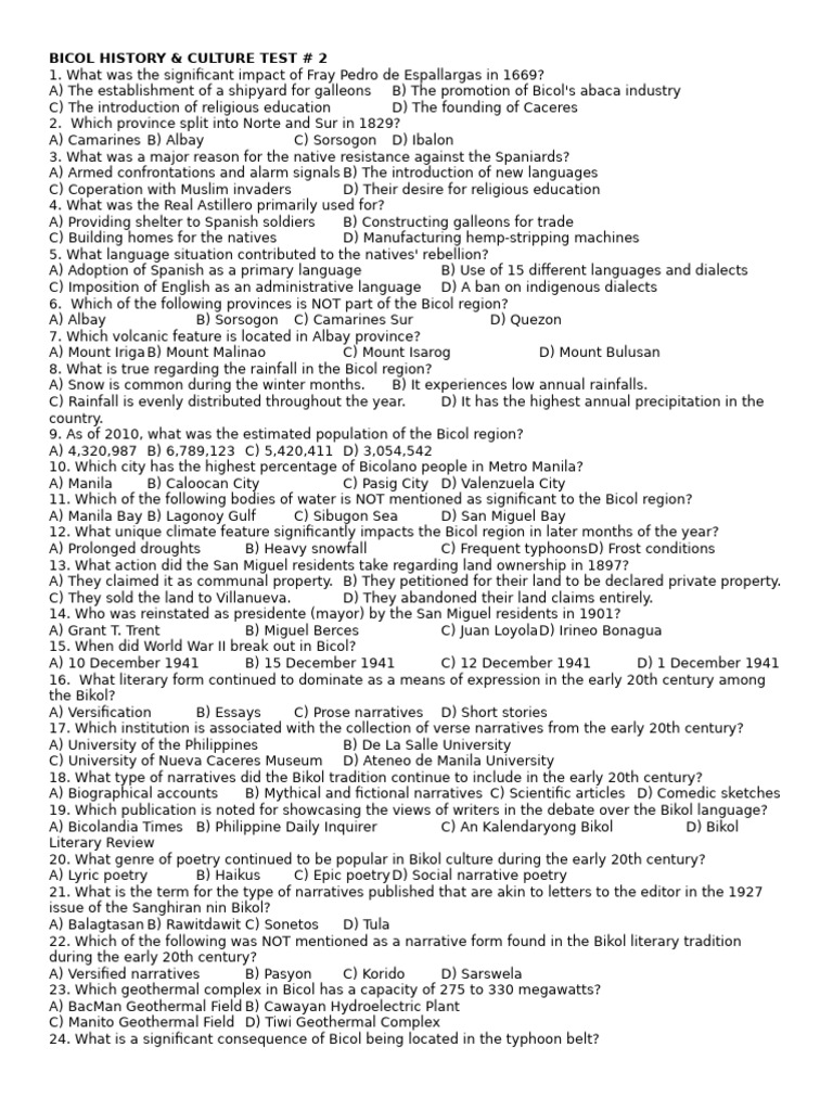 bicol history quiz # 2 - FP | PDF | Philippines
