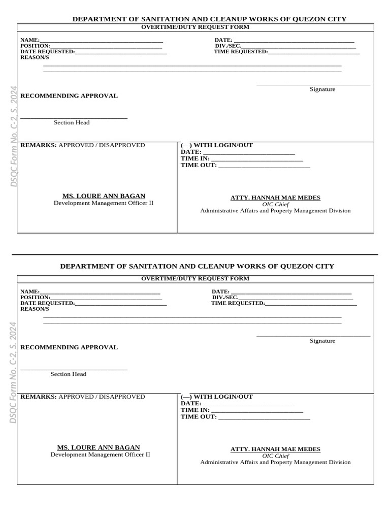 Sanitation Dept. Overtime Form | PDF