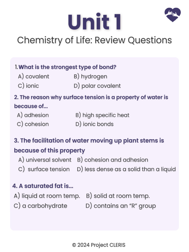 AP Biology Unit 1 Practice Questions - Chemistry of Life | PDF