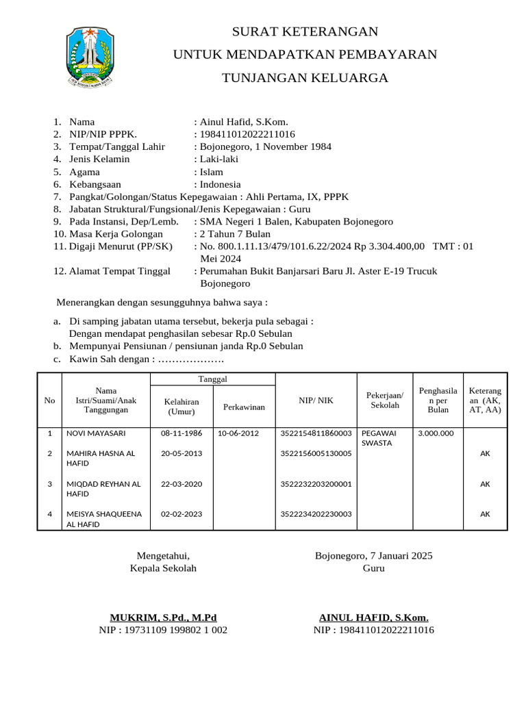 Format MODEL C Tunjangan Keluarga Hafid | PDF