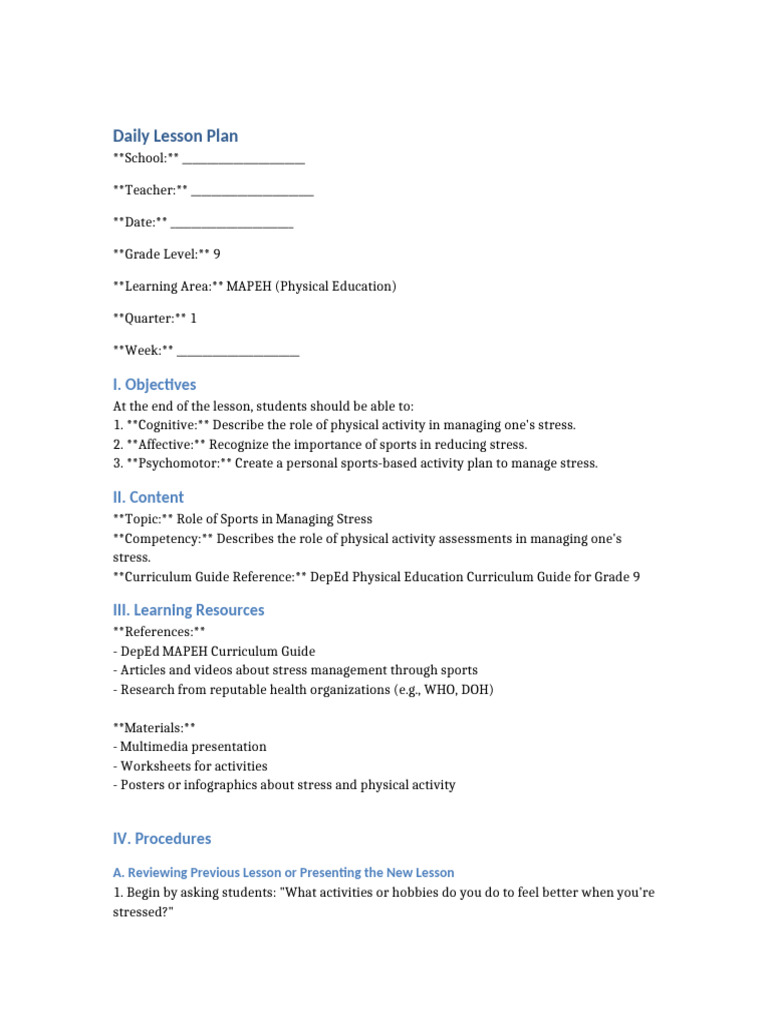 Role of Sports in Managing Stress Lesson Plan | PDF | Stress (Biology ...