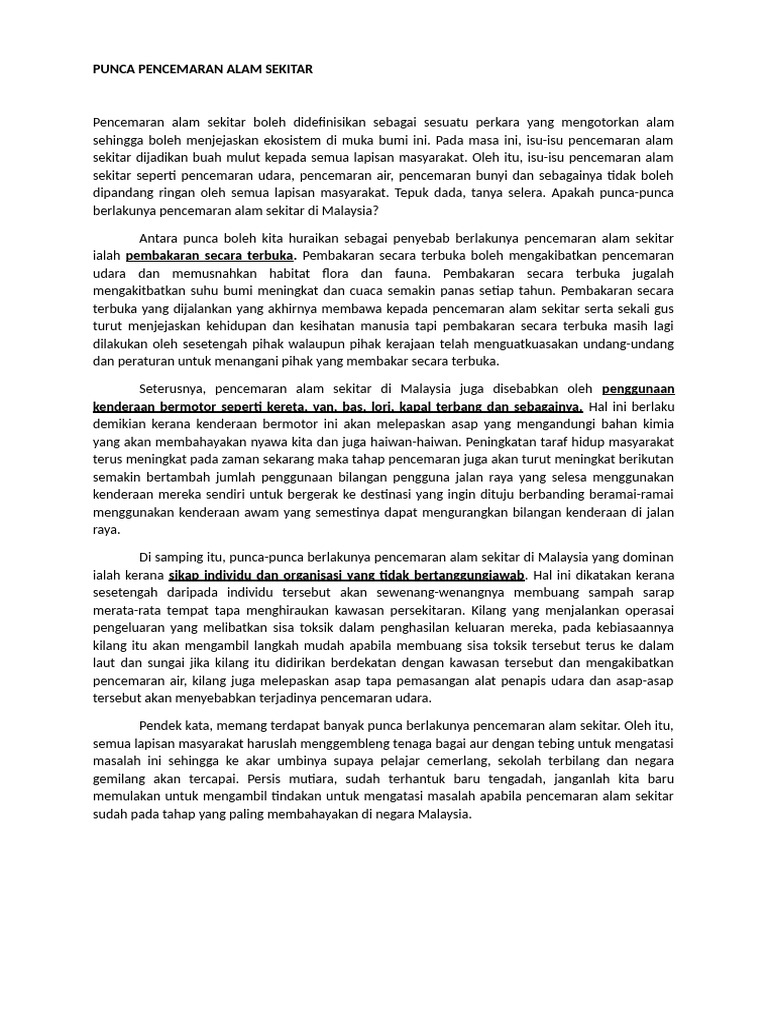 Contoh Karangan Punca Pencemaran Alam Sekitar | PDF