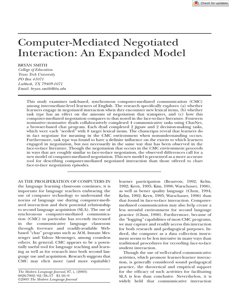 Computer-mediated negotiated interaction An expanded model. | PDF | Learning | Second Language ...