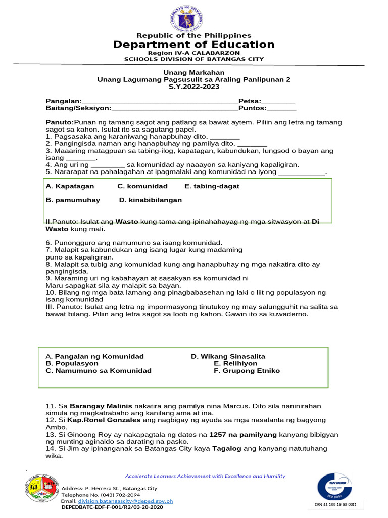 Araling Panlipunan 2 Q1 First Summative Test | PDF