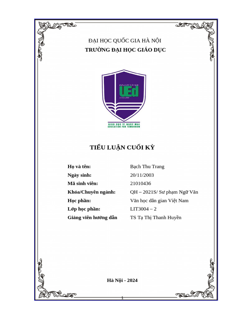 21010436. Bach Thu Trang - Tieu luan cuoi ki VHDG | PDF