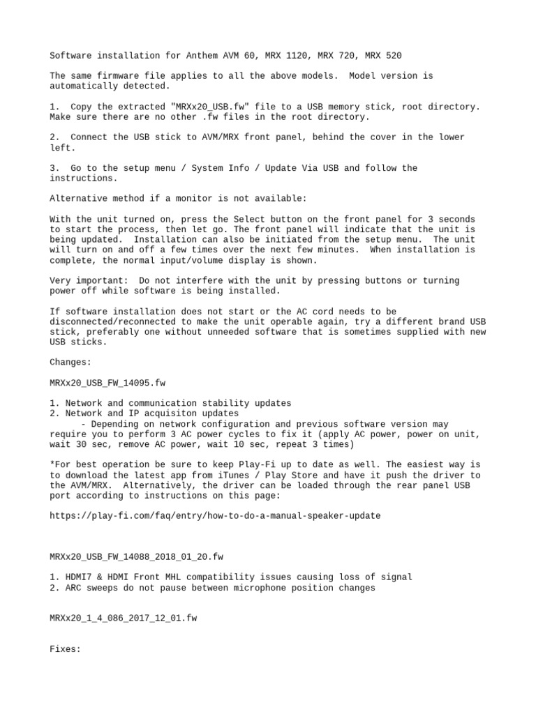 AVM 60 - MRX x20 Software Installation 0.95 | PDF | Hdmi | Sound Production Technology