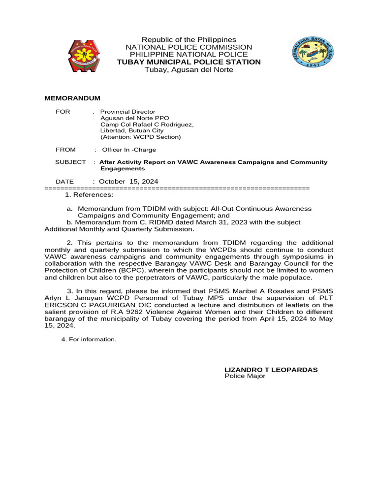 TMPS AAR on VAWC Awareness Campaign for the month of October 2024 | PDF ...