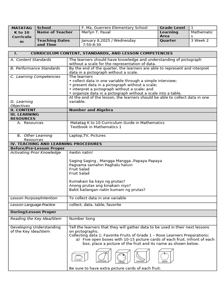 Favorite Fruits Data Collection Lesson | PDF | Curriculum | Learning