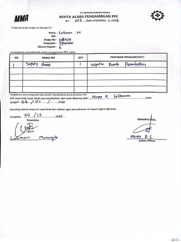 Pengajuan APD Lukman M - Z98474 | PDF
