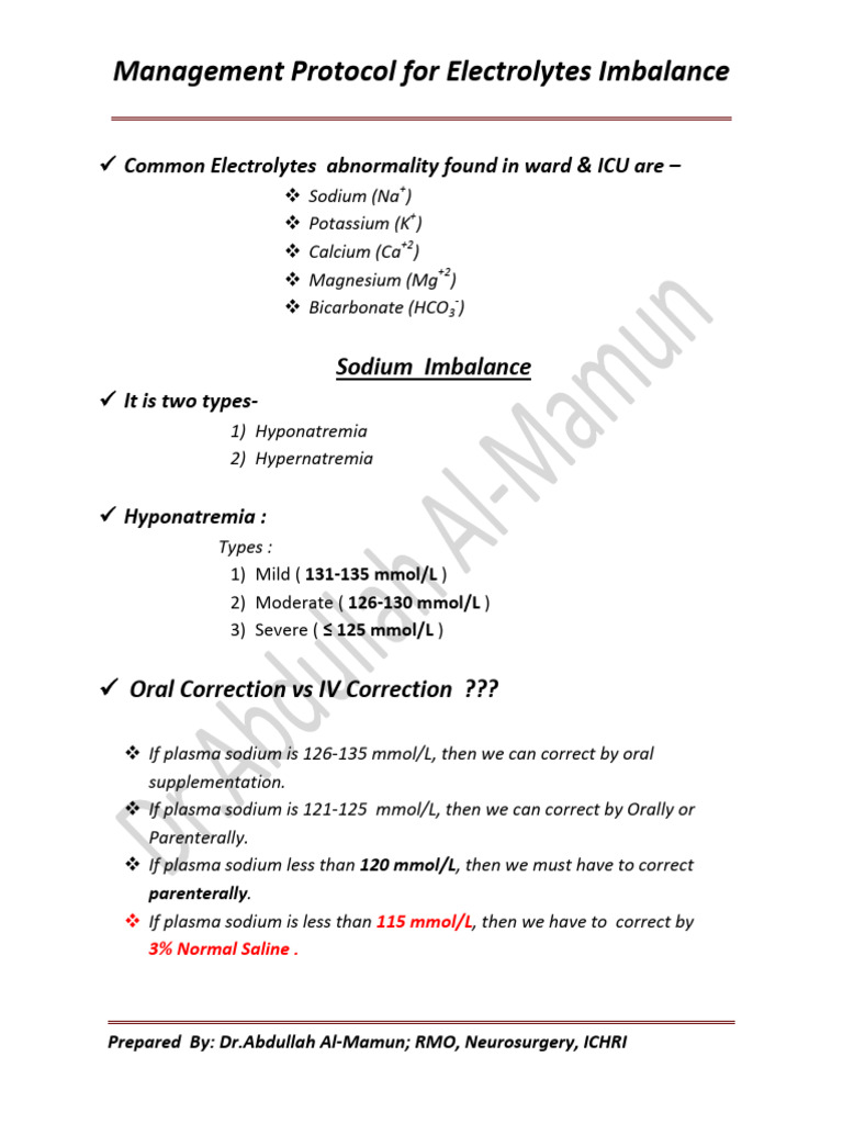 Management Protocol For Electrolyte Imbalance | PDF | Sodium | Clinical ...