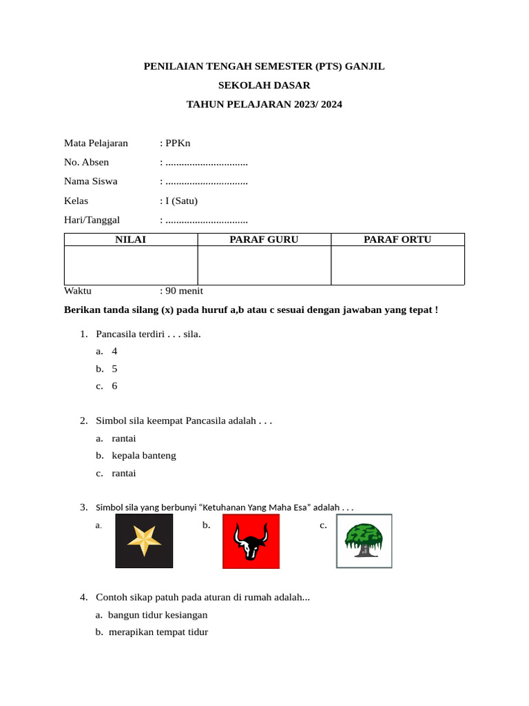 Soal Pendidikan Pancasila Kelas 1 | PDF