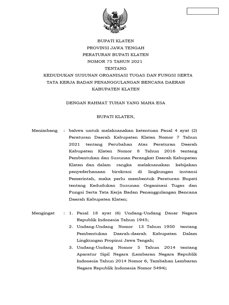 Perbup Nomor 75 Tahun 2021 Tentang SOTK BPBD | PDF