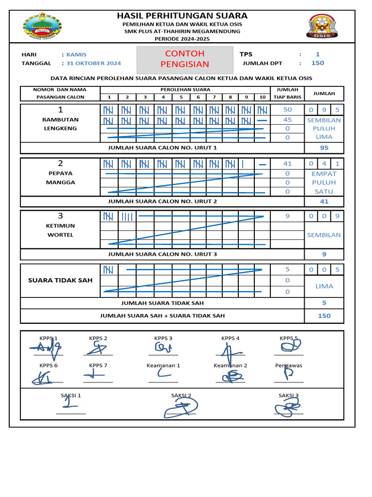 Contoh Pengisian-Format Perhitungan Suara Pemilu Osis 2024-2025 | PDF