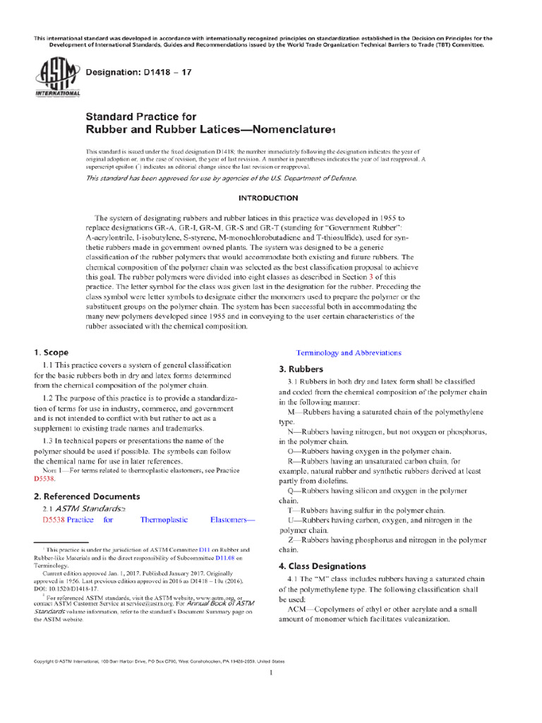 ASTM D 1418 - 17 Stansard Practice For Rubber and Rubber Latices - Nomenclature | PDF