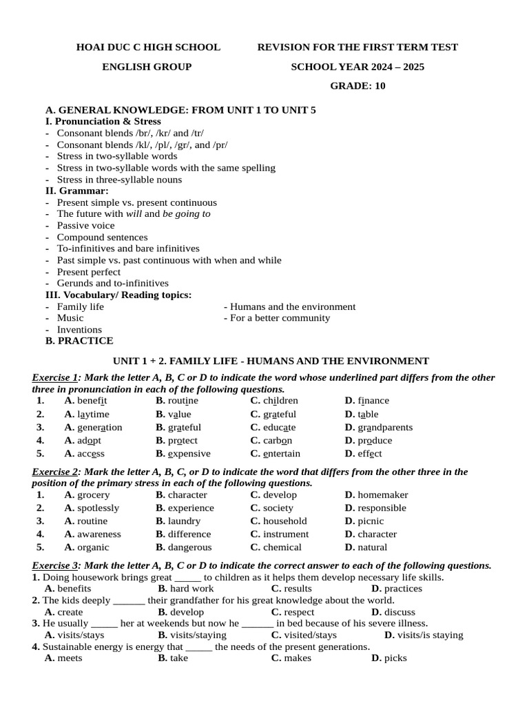 K10 Đề cương CK1 24-25 - HS | PDF | Family | Carbon Footprint