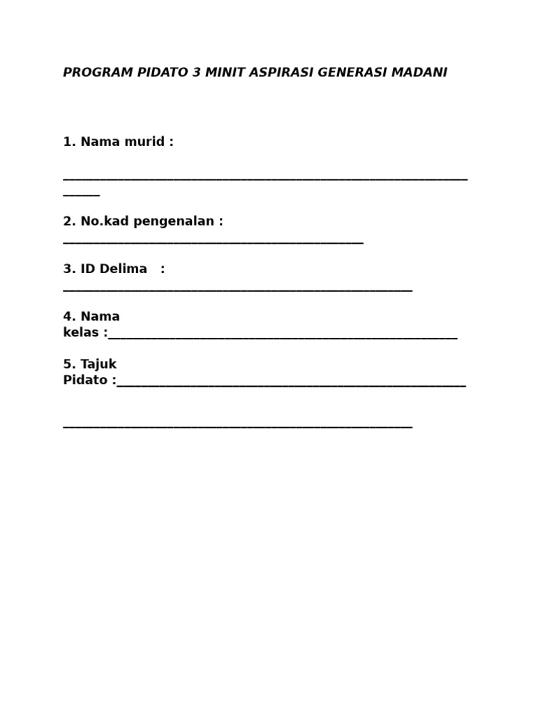 Borang Rogram Pidato 3 Minit Aspirasi Generasi Madani | PDF